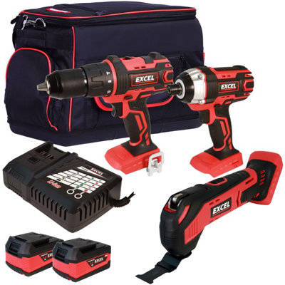 Excel 18V 3 Piece Cordless Power Tool Kit with 2 x 5.0Ah Batteries ...