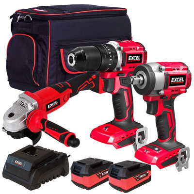 Excel 18V 3 Piece Power Tool Kit with 2 x 5.0Ah Batteries & Charger ...