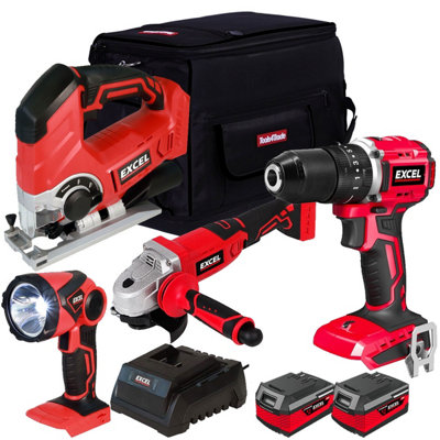 Excel 18V 4 Piece Power Tool Kit with 3 x 5.0Ah Batteries & Charger ...