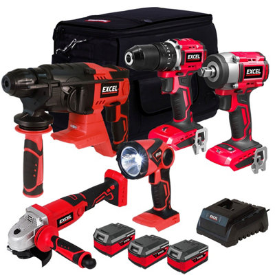 Excel 18V 5 Piece Cordless Power Tool Kit with 3 x 4.0Ah Batteries ...