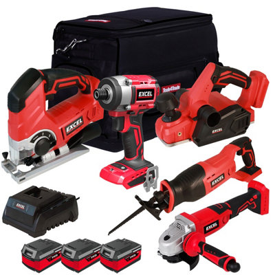 Excel 18V 5 Piece Cordless Power Tool Kit with 3 x 4.0Ah Batteries, Fast Charger & Tool Bag ...