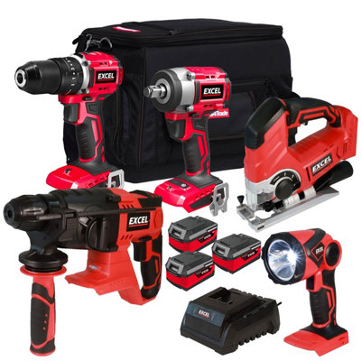 Excel 18V 5 Piece Power Tool Kit with 3 x 4.0Ah Battery & Charger ...