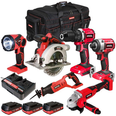 EXCEL 18V 6 PIECE CORDLESS POWER TOOL KIT WITH 3 X 2.0AH BATTERIES ...
