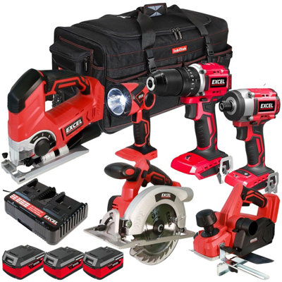 Excel 18V 6 Piece Power Tool Kit with 3 x 4.0Ah Batteries & Charger ...