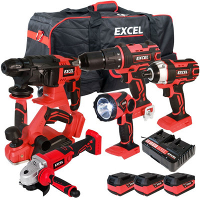 Excel 18V 6 Piece Power Tool Kit with 3 x 5.0Ah Batteries & Charger ...