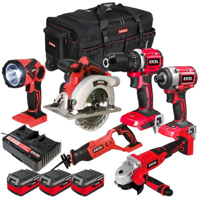 Excel 18V 6 Piece Power Tool Kit with 3 x 5.0Ah Batteries & Charger ...