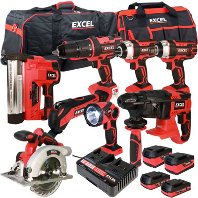Excel 18V 8 Piece Power Tool Kit with 4 x Batteries & Charger EXL9020 ...