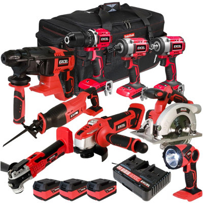 Excel 18V 9 Piece Power Tool Kit with 3 x Batteries & Charger EXL8994 ...