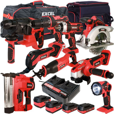 Excel 18V 9 Piece Power Tool Kit with 4 x Batteries & Charger EXL9013 ...