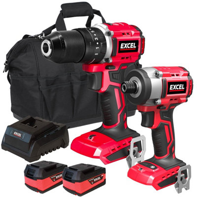 Excel 18V Brushless Twin Pack Combi Drill & Impact Driver with 2 x 5 ...