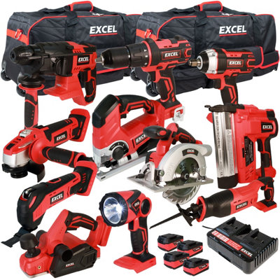 Excel 18V Cordless 11 Piece Tool Kit with 4 x 5.0Ah Batteries & Charger ...