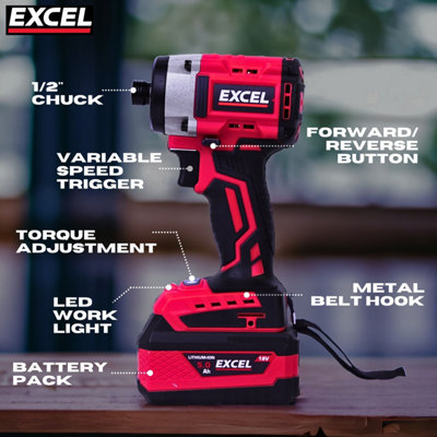 Excel 18V Cordless 5 Piece Power Tool Kit with 2 x 4.0Ah Batteries ...
