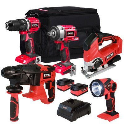 Excel 18V Cordless 5 Piece Tool Kit with 2 x 5.0Ah Batteries & Charger ...