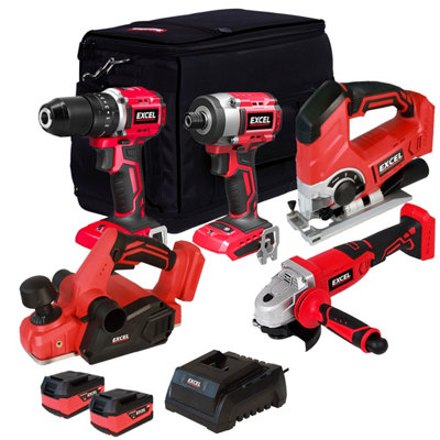 Excel 18V Cordless 5 Piece Tool Kit with 2 x 5.0Ah Batteries & Charger ...