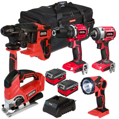 Excel 18V Cordless 5 Piece Tool Kit with 3 x 5.0Ah Batteries & Smart ...