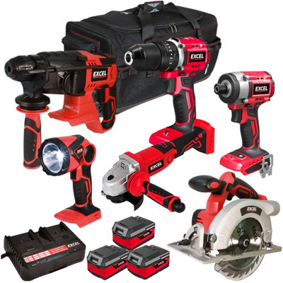 Excel 18V Cordless 6 Piece Power Tool Kit with 3 x 4.0Ah Batteries ...