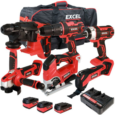 Excel 18V Cordless 6 Piece Tool Kit with 3 x Batteries & Charger in Bag ...