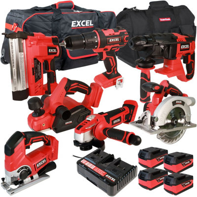 Excel 18V Cordless 7 Piece Tool Kit with 4 x 5.0Ah Batteries & Charger ...