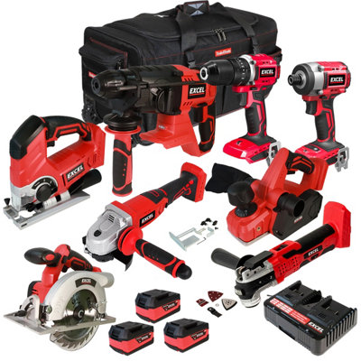 Excel 18V Cordless 8 Piece Tool Kit with 3 x 5.0Ah Battery & Charger ...