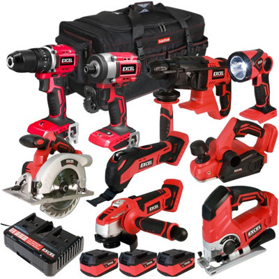 Excel 18V Cordless 9 Piece Tool Kit with 4 x 5.0Ah Batteries & Charger ...