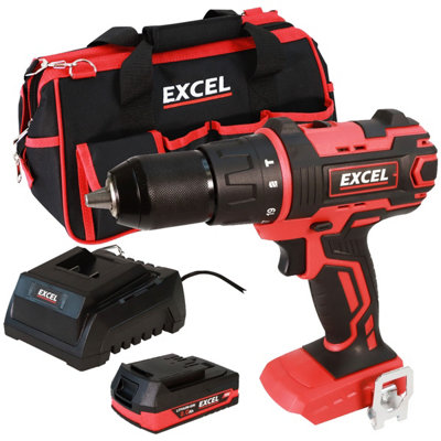 Excel 18V Cordless Combi Drill with 1 x 2.0Ah Battery Charger & Bag ...
