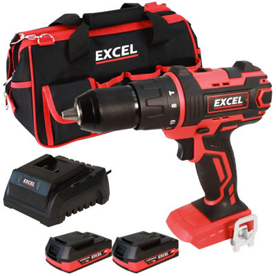Excel 18V Cordless Combi Drill with 2 x 2.0Ah Batteries Charger & Bag ...