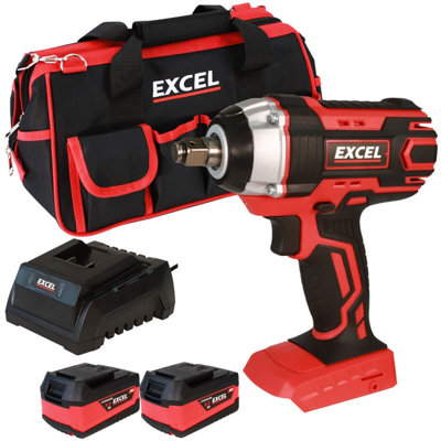 Excel 18V Cordless Impact Wrench with 2 x 5.0Ah Batteries Charger & Bag