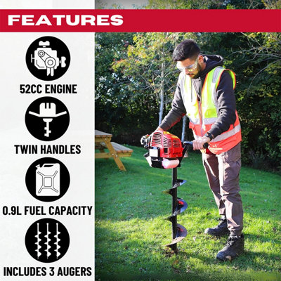 Excel 52cc Petrol Earth Auger with 3 Augers