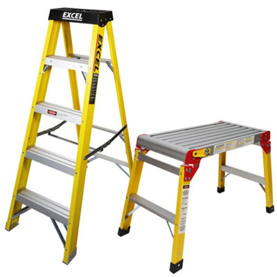 Excel Fibreglass Ladder 4 Tread & Folding Hop-Up Set Heavy Duty Non ...