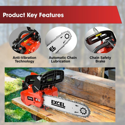 Excel Petrol Chainsaw 12" 25cc Heavy Duty Wood Cutting Saw with Chain ...