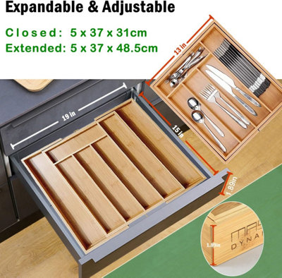 Expandable Bamboo Cutlery Tray Drawer Organiser, 5,7 Compartments, 48.5 ...