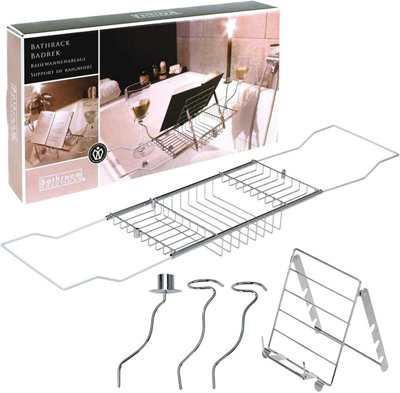 Expandable Chrome Over Bath Rack Organiser with Book, Drink & Candle ...