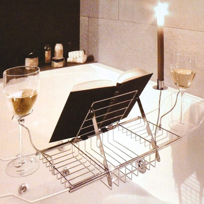 Expandable Chrome Over Bath Rack Organiser with Book, Drink & Candle ...