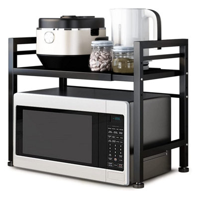 Expandable Microwave Oven Rack with 6 Hooks 2 Tier Kitchen Counter Organizer Shelf