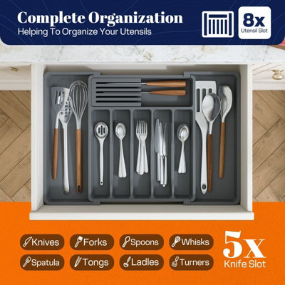 Expandable Plastic Cutlery Tray Kitchen Drawer Organiser Storage Rack, Grey