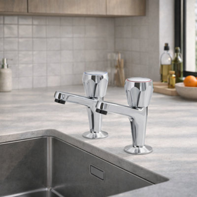 Express Economy High Neck Kitchen Pillar Taps Pair - Chrome Hot & Cold ...