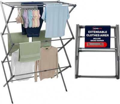 Extendable Clothes Airer with Sock Clips 3 Tier Foldable Laundry Rack ...