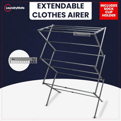 Extendable Clothes Airer with Sock Clips 3 Tier Foldable Laundry Rack ...