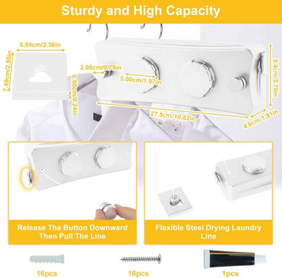 Extendable Clothesline Wall Mount 2 Cords Adjustable Laundry Line Rope ...