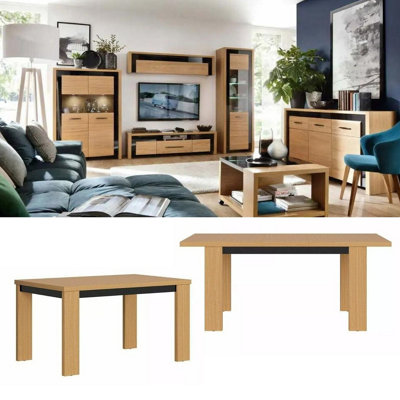 Extending Dining Table Black Gloss Sides Oak Effect 6 8 10 Seat 140 ...