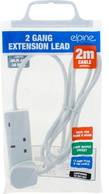 Extension Lead 2 Way 13A Fused UK Plug 2m Power Strip Cable White Adapter