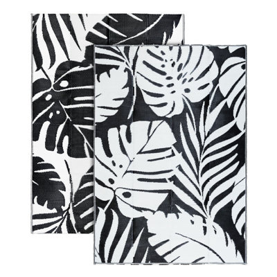 Extra Large Garden Outdoor Rug For Patio, Black & White Tropical Leaf ...