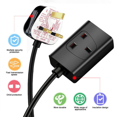 ExtraStar 1 Way 13A Extension Leads with Cable 3G1.25, 2M, Black
