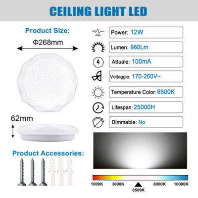 ExtraStar 12W 260mm LED Glitter Integrated Flush Ceiling Light, Daylight