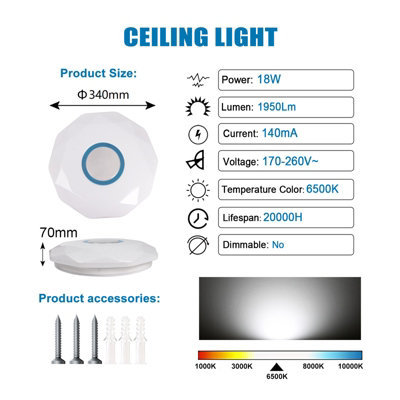 ExtraStar 18W 340mm LED Glitter Flush Ceiling Light, Daylight