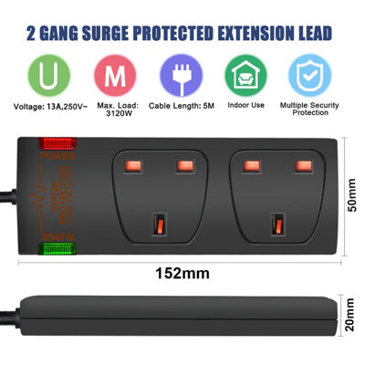 ExtraStar 2 Gang Surge-Protected Extension Lead 5M Black, 13A