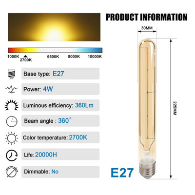 ExtraStar 4W LED T30 Long Tube Bulb E27, 2700K, Pack of 4