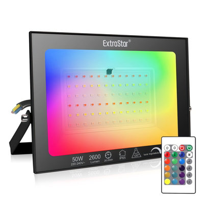 ExtraStar 50W IP65 RGB 2600lm LED Floodlight, 16 Colours, Remote ...