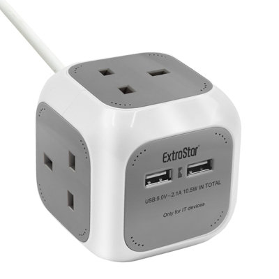 Extrastar EXTRASTAR Power Cube 4 Ways Sockets 2 x USB 5V 1.5m Grey 13A ...