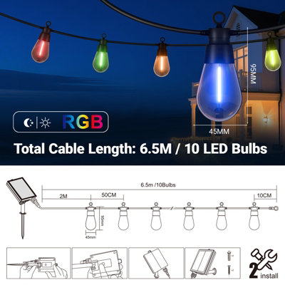 ExtraStar LED Solar Bulb String Lights, 6.5m, 10 Bulbs, RGB